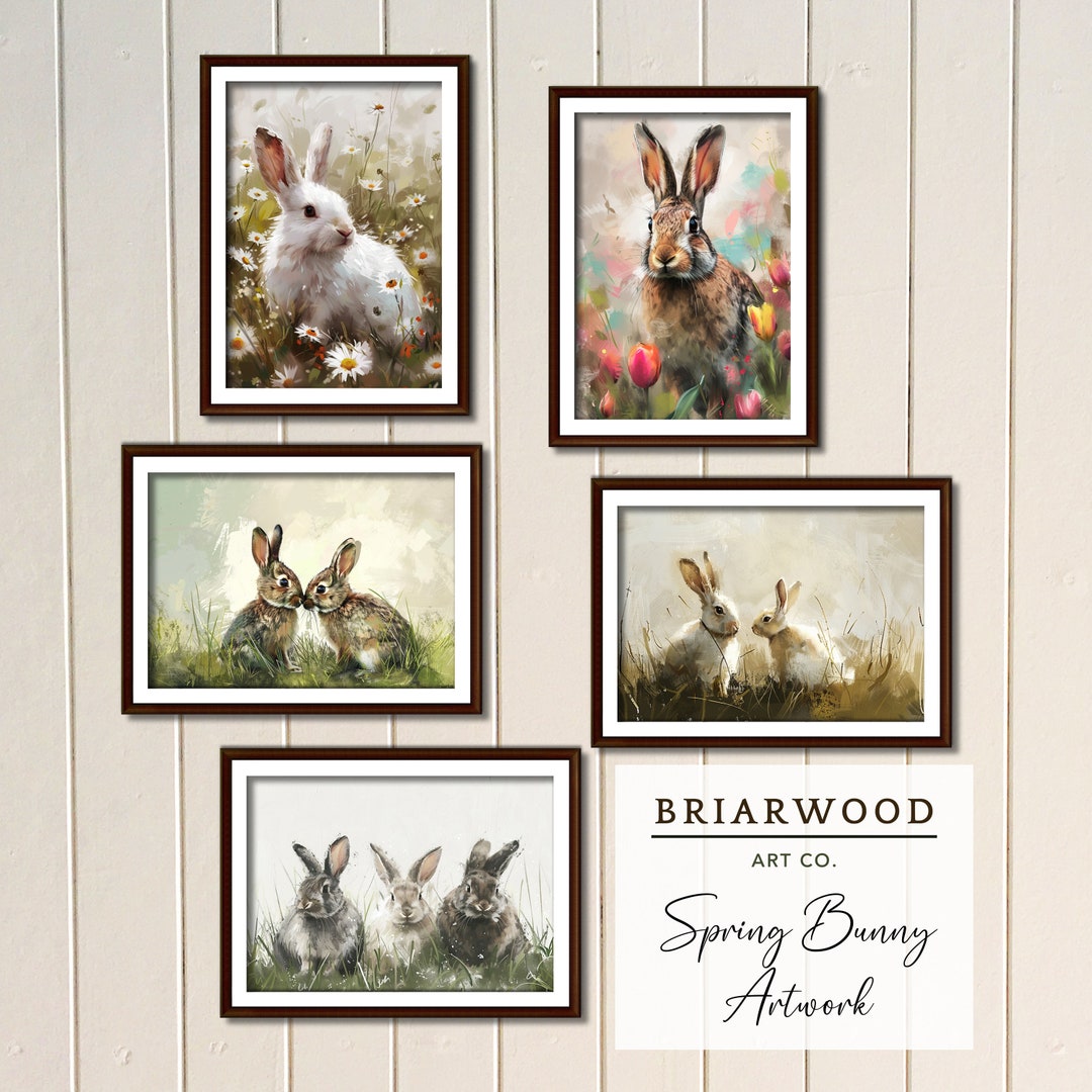 Springtime Bunny Artwork Collection Set of 5 Digital Prints Rustic ...