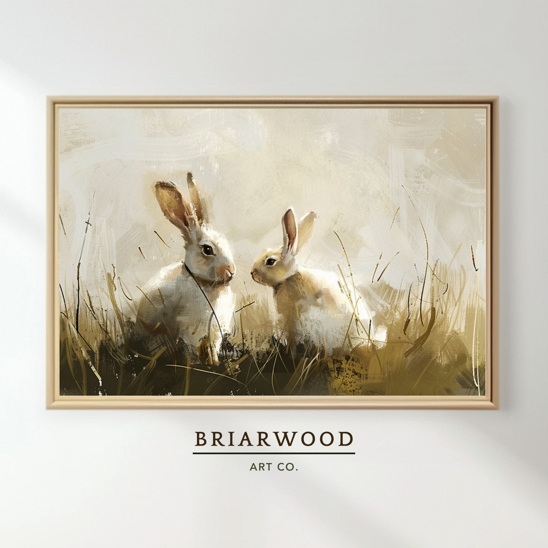 Golden Meadow Bunnies Art Rustic Rabbit Digital Print Spring ...