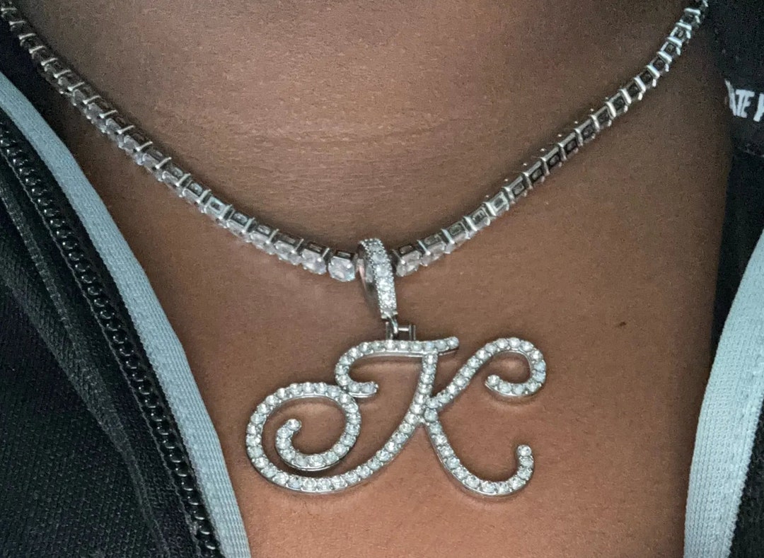 Personalised A-Z Cursive Initial Letter Name Necklace, ICED Out ...