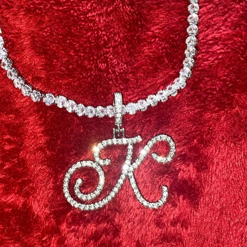 Personalised A-Z Cursive Initial Letter Name Necklace, ICED Out ...