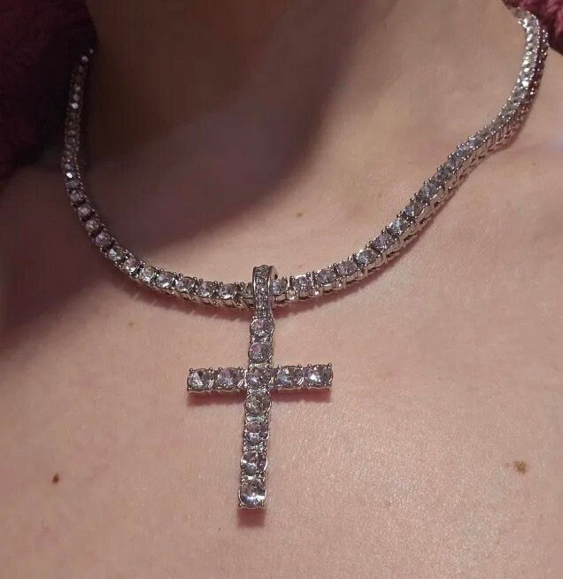 ICED OUT Cross Necklace Tennis Chain, Silver Jesus Cross Pendant, Hip ...