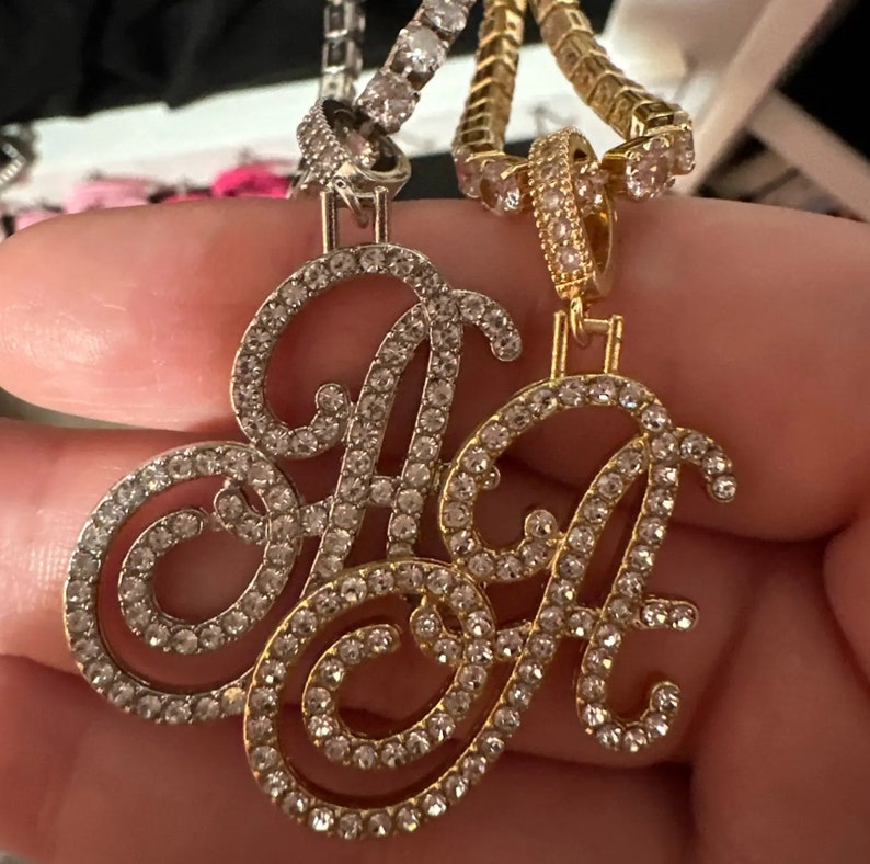 Personalised A-Z Cursive Initial Letter Name Necklace, ICED Out ...