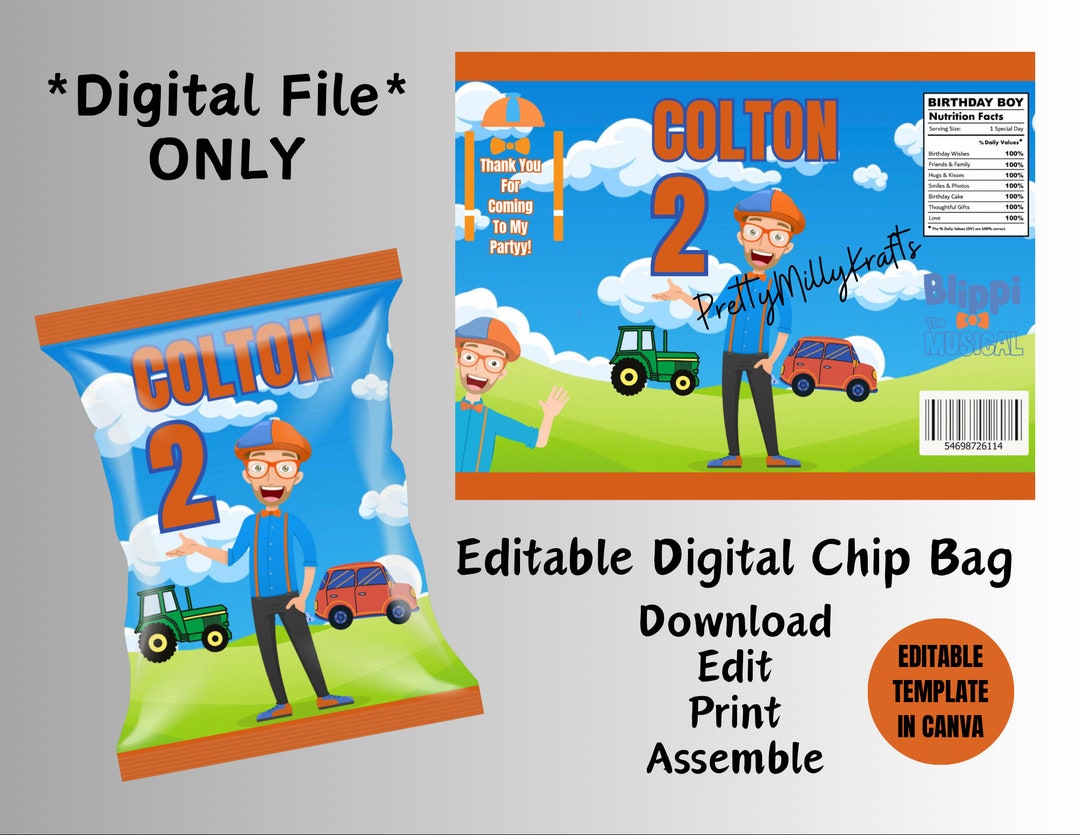 Editable Blippi Chip Bag, Capri Sun & Gable Box - Etsy UK