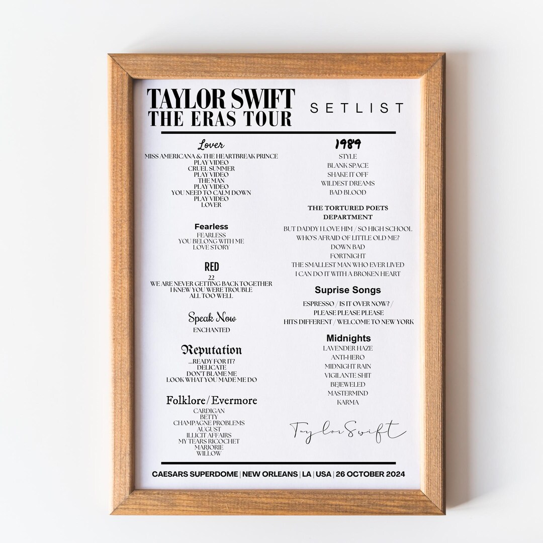 26 October 2024 Digital Taylor Swift Set List Poster Eras Tour New ...