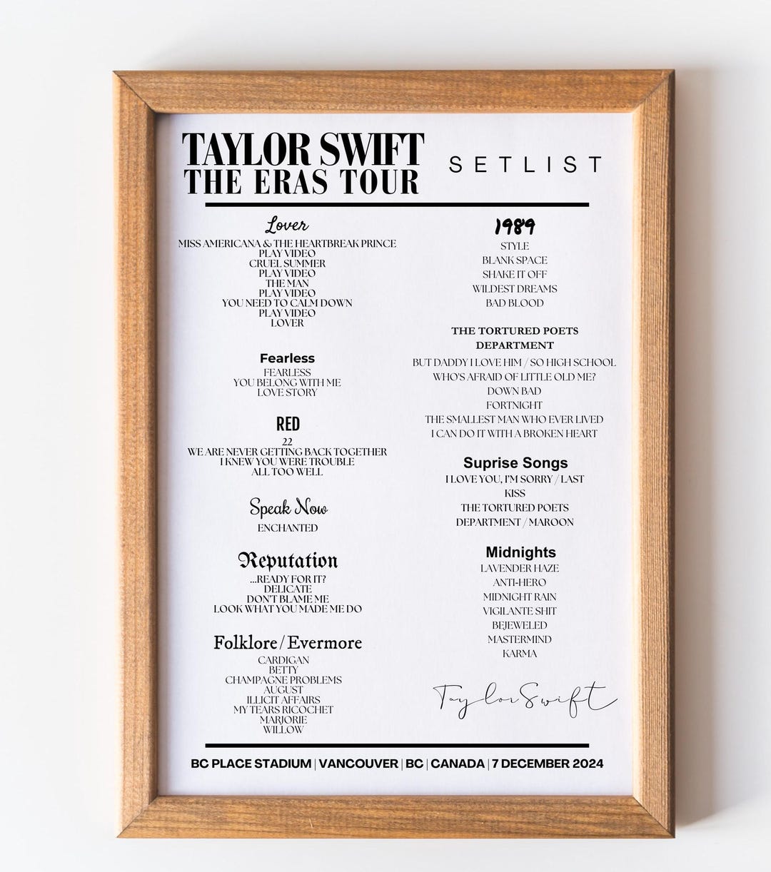 7 December 2024 Taylor Swift Canada Vancouver Eras Tour Setlist Poster Digital Music Poster - Etsy
