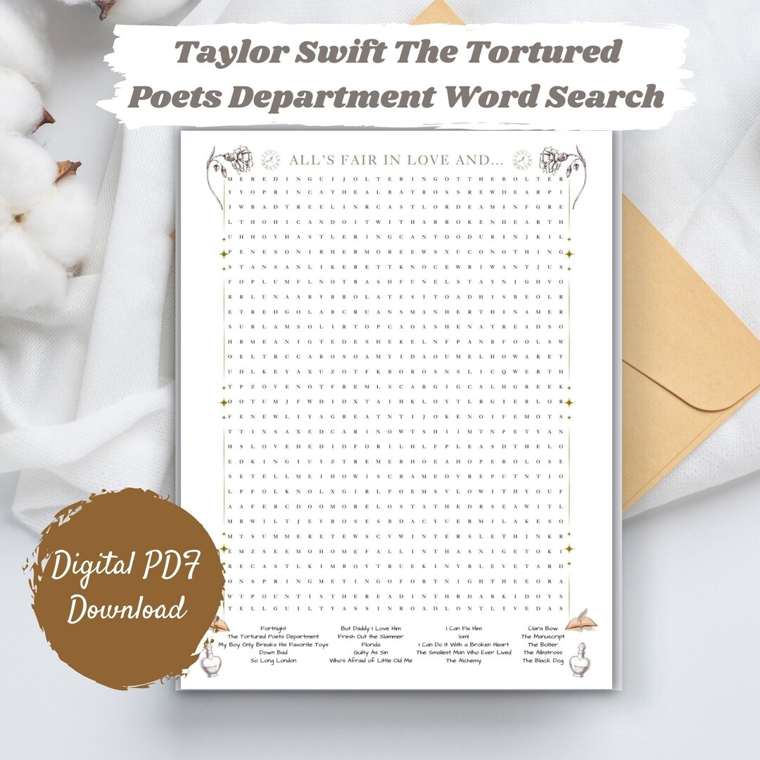 Taylor Swift the Tortured Poets Department Word Search, TTPD, Fun Word ...