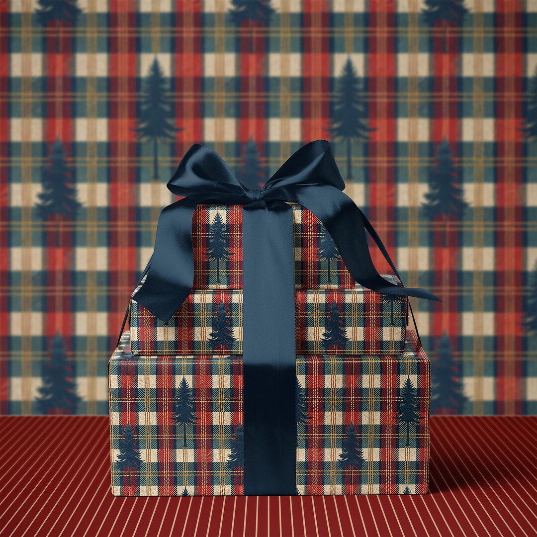 Cozy Rustic Plaid With Navy Fir Tree Gift Wrapping Paper Sheets ...