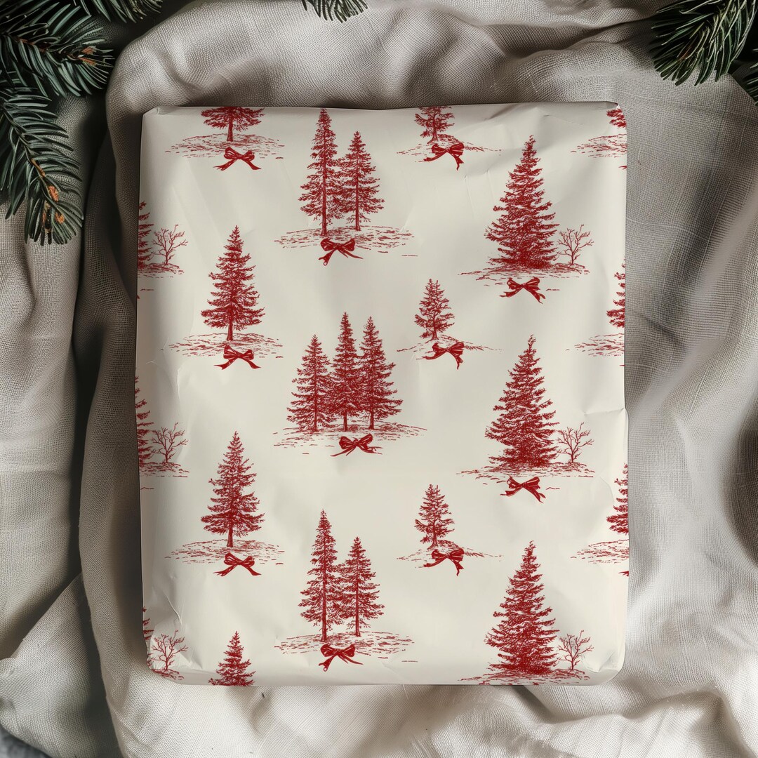 Red Christmas Tree With Ribbon Toile De Jouy Gift Wrapping Paper Sheets ...