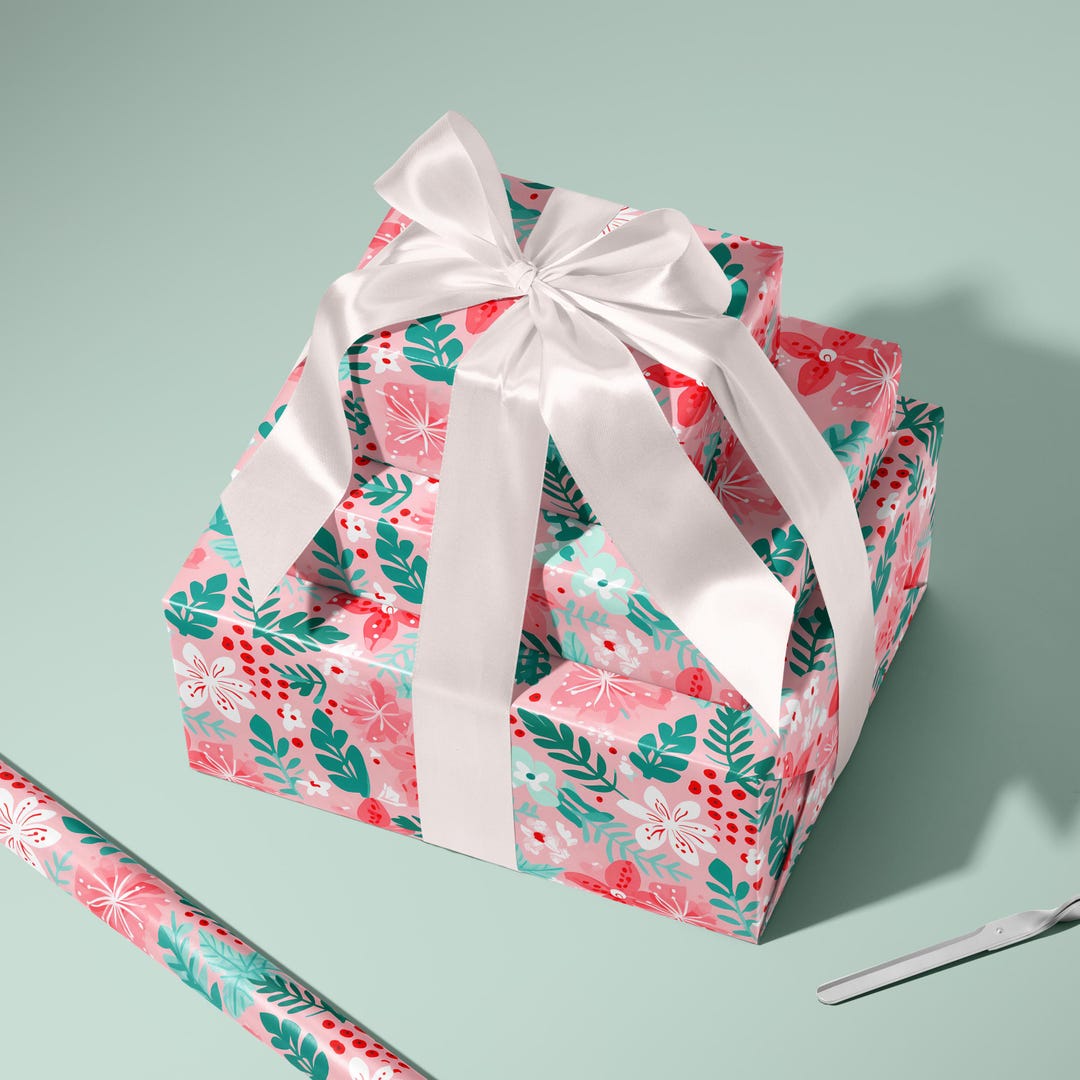 Cozy Christmas Pink, Red and Green Floral Poinsettia and Fir Gift ...