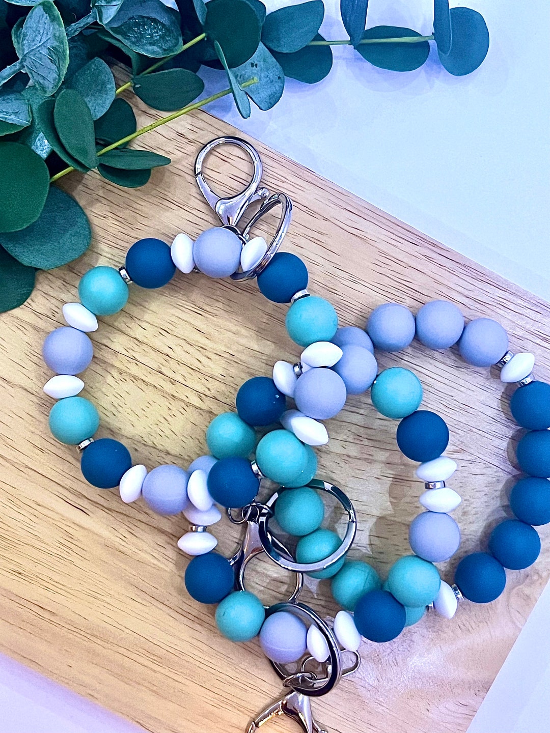 Turquoise, Dark Teal, & Gray Silicone Wristlet | Silicone Bead Wristlet ...