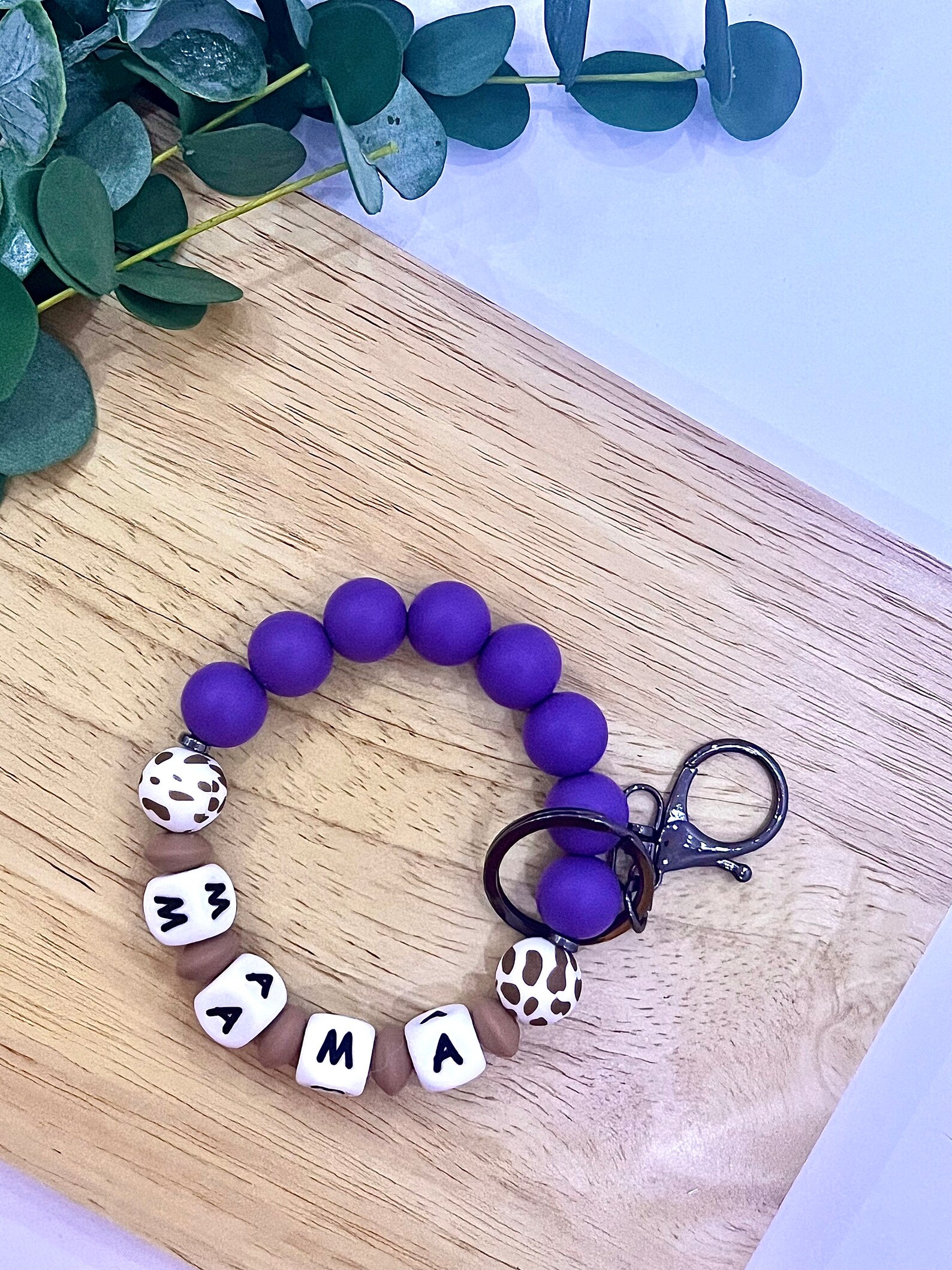 MAMA Brown Spotted Cow Print Silicone Wristlet Silicone Bead Wristlet ...