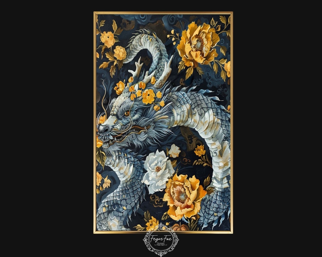 Yellow and Blue Botanical Dragon, Moody Botanical Printable, Dark ...