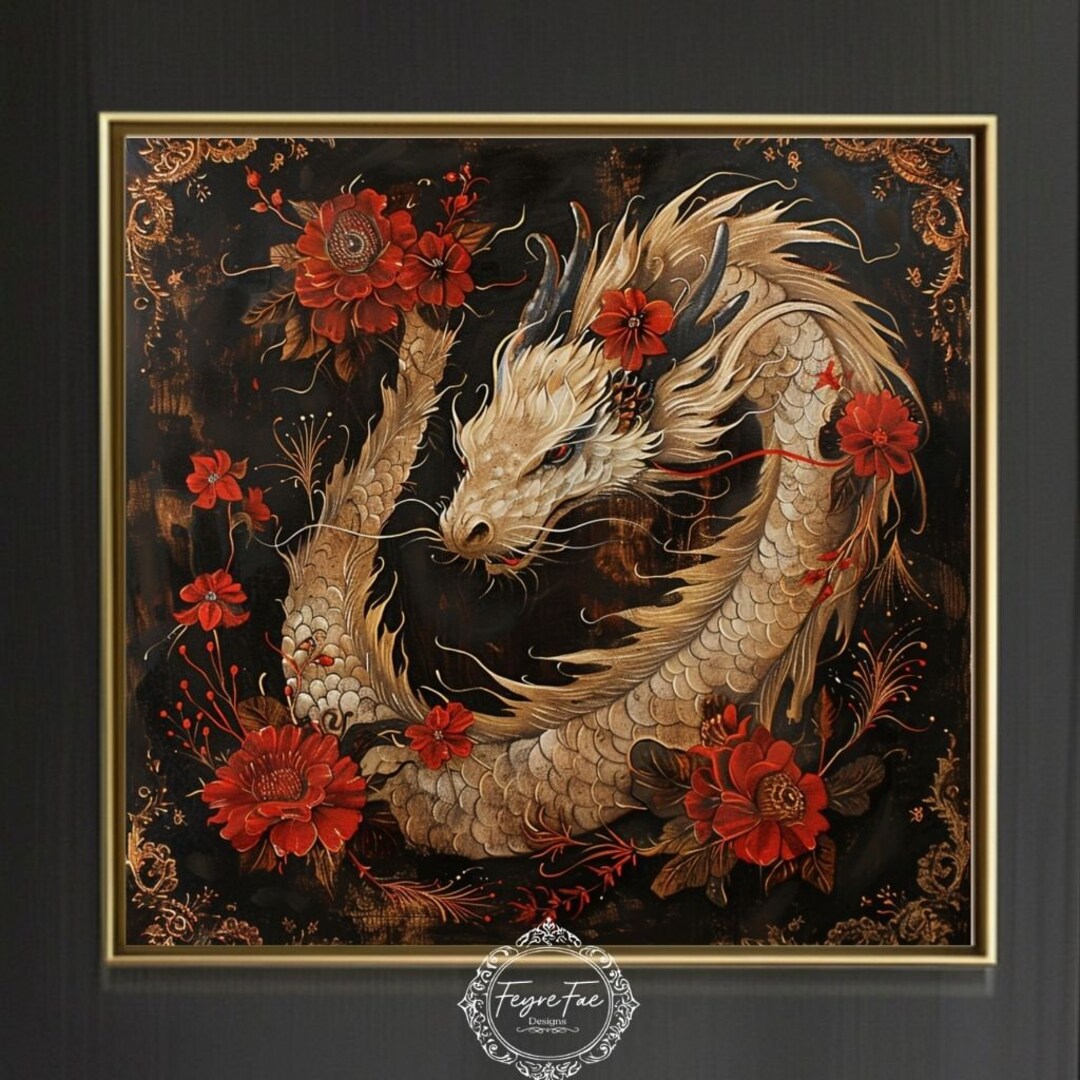 Red Floral Botanical Dragon - Digital Download Fantasy Wall Art Print ...