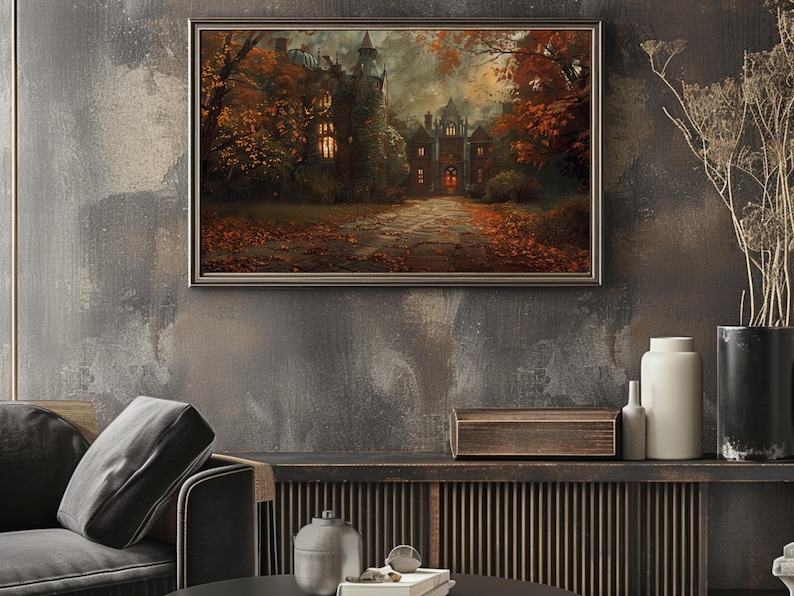 Autumn Dark Academia Ivy Covered Building | Landscape Art Moody Fall ...