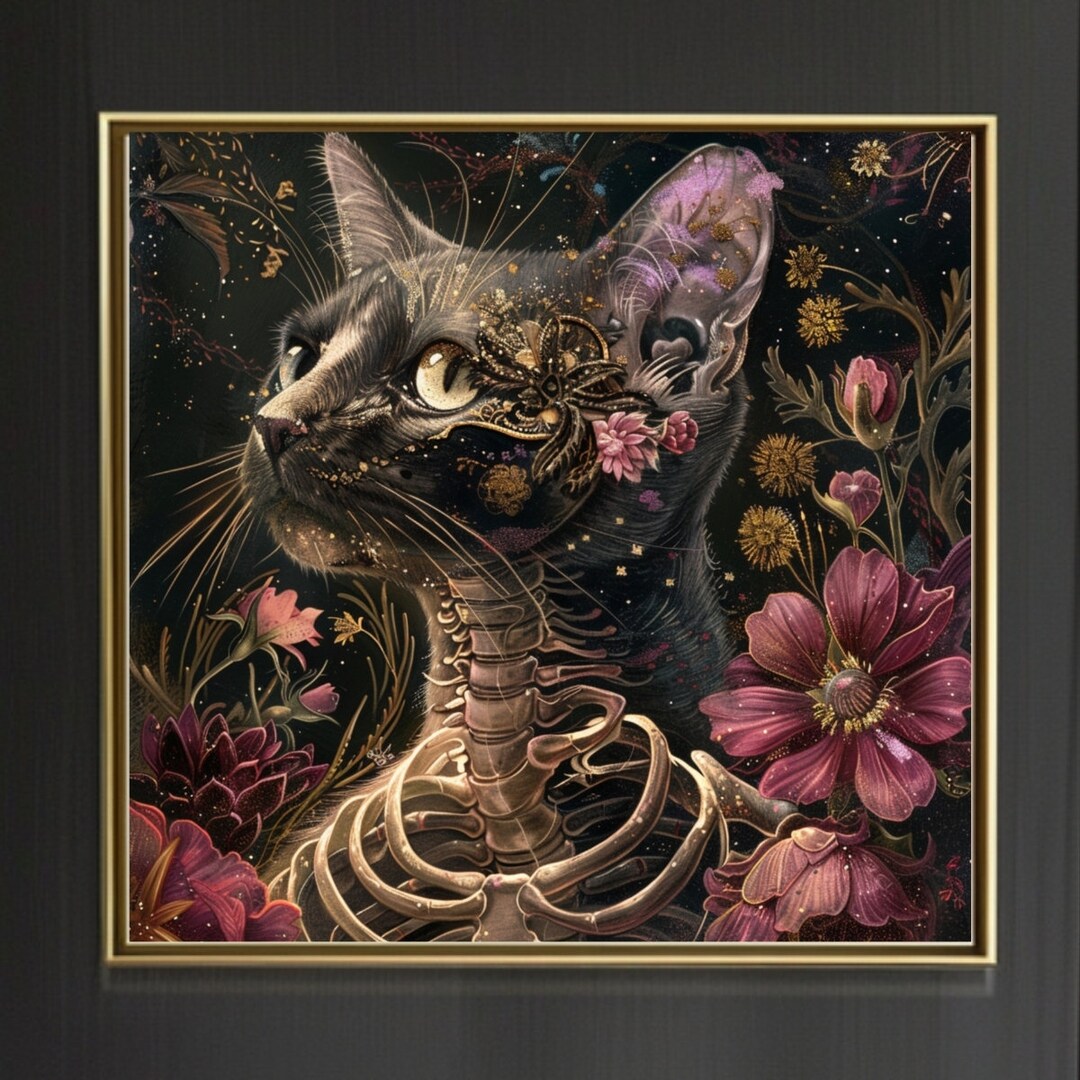 Whimsical Feline Cat Skeletal Anatomy - Surreal Cat Illustration ...