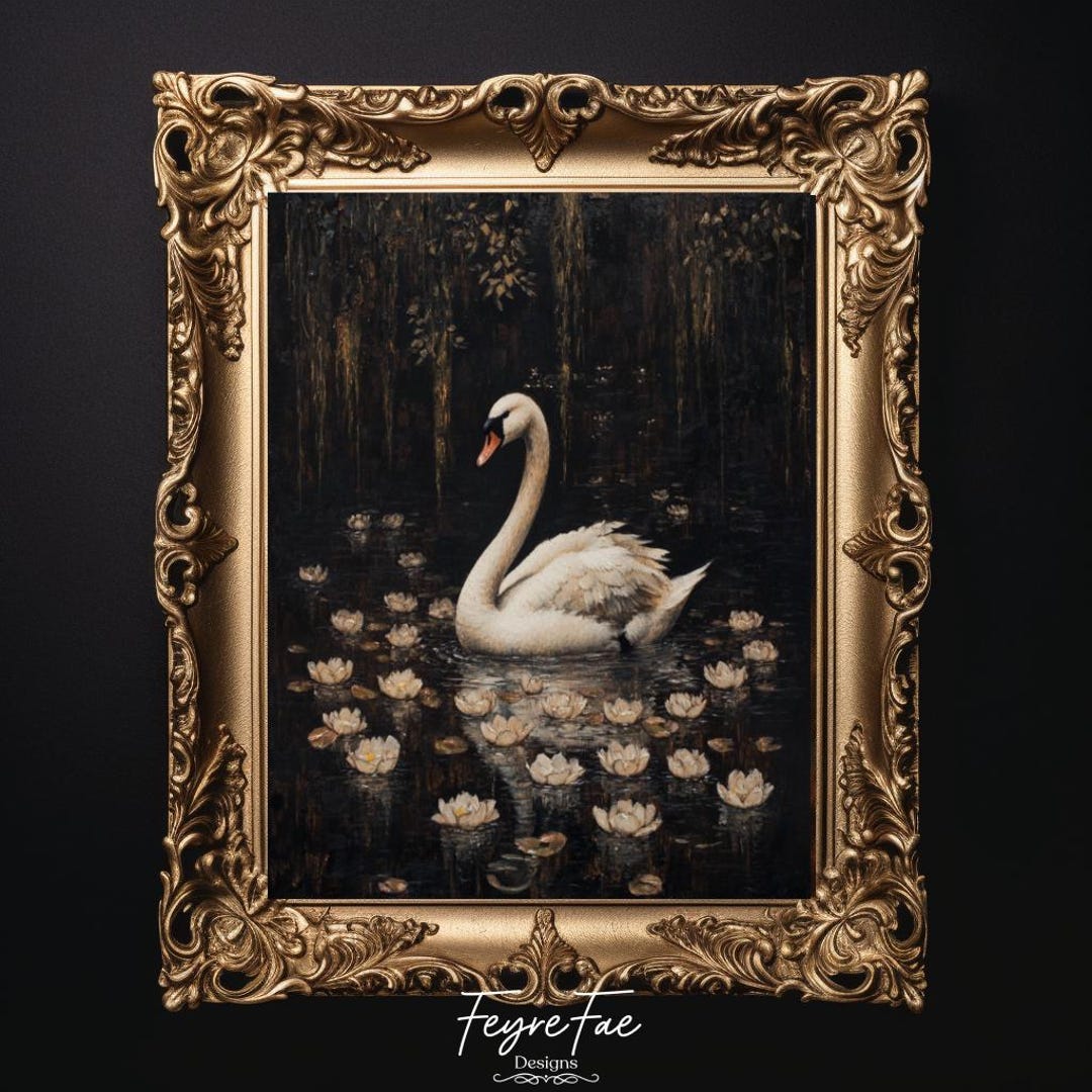 Dark Moody Swan Oil Painting, Gothic Pond Scene Floating Petals, Dark ...