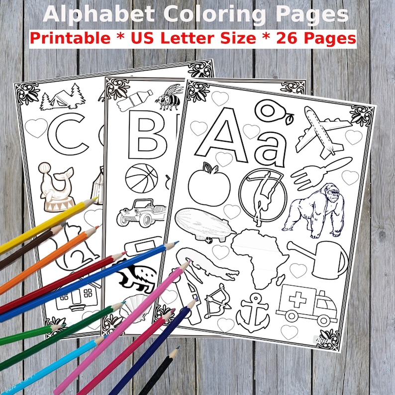 Digital Download Alphabet Coloring Pages - Printable US Letter Size ...