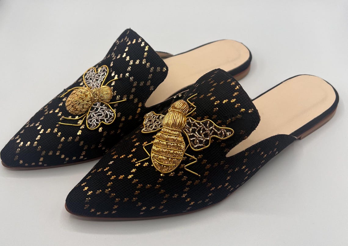 Embroidered Black Slippers, Pointed Mule, Short Heel Slipper, Hand-made ...