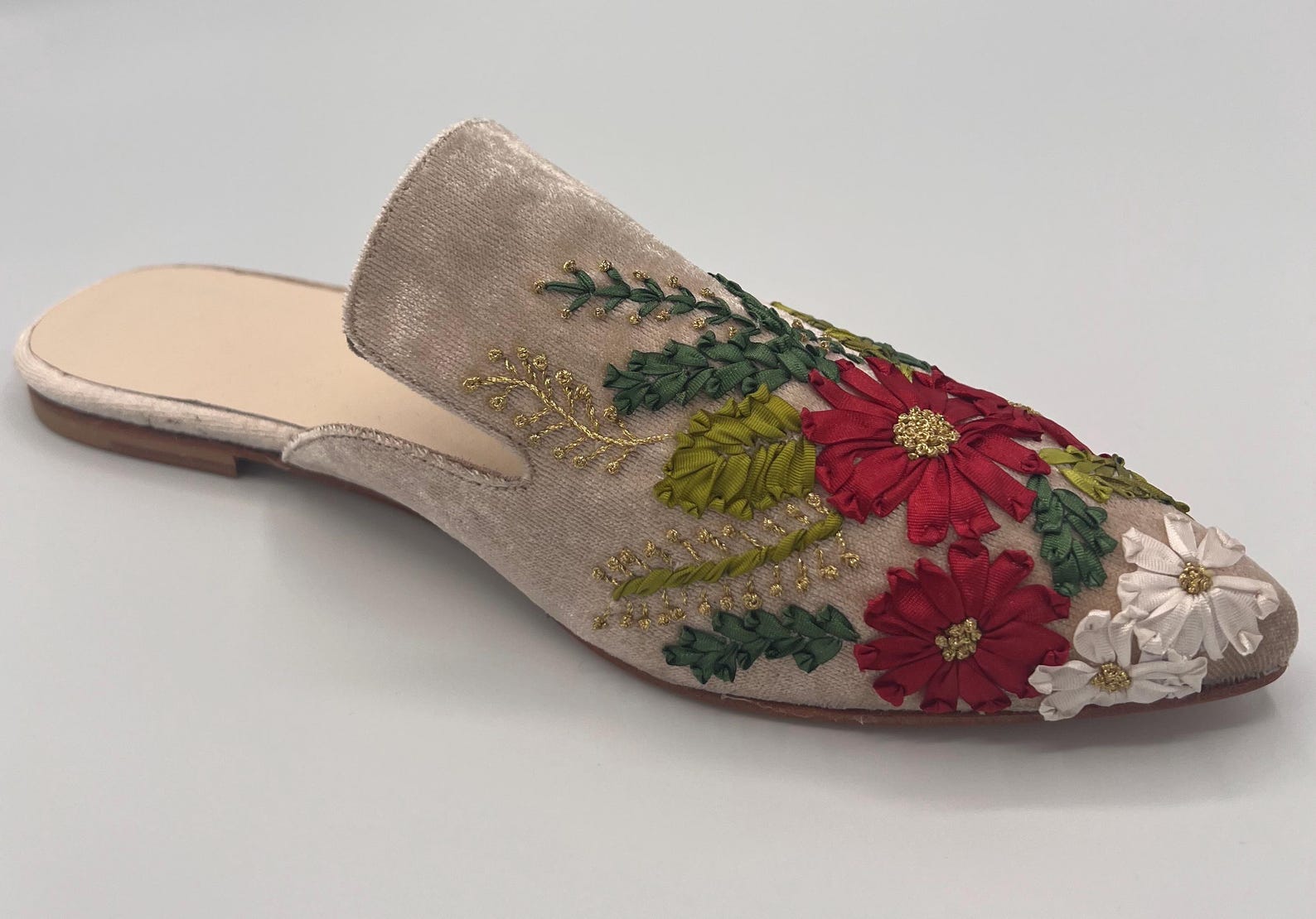 Embroidered Beige Slippers, Pointed Mule, Short Heel Slipper, Hand-made ...