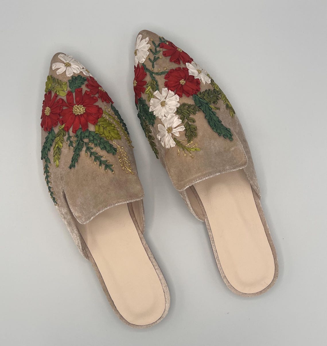 Embroidered Beige Slippers, Pointed Mule, Short Heel Slipper, Hand-made ...