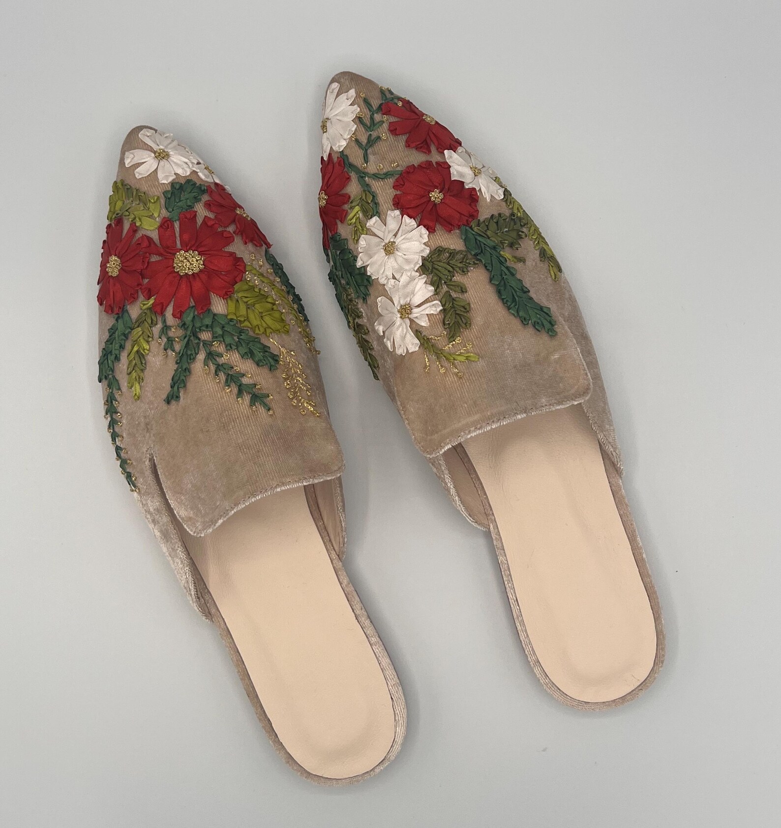 Embroidered Beige Slippers, Pointed Mule, Short Heel Slipper, Hand-made ...
