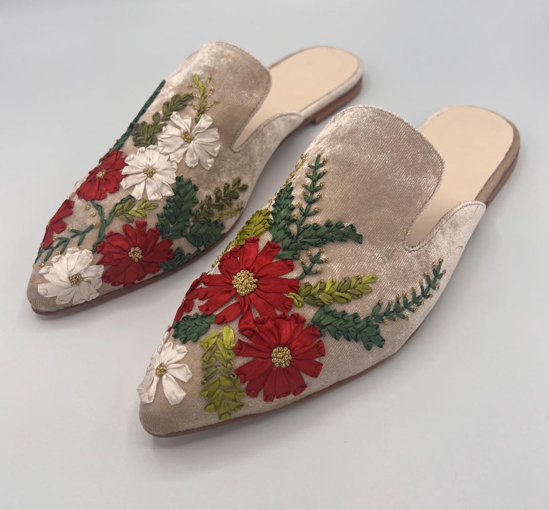 Embroidered Beige Slippers, Pointed Mule, Short Heel Slipper, Hand-made ...