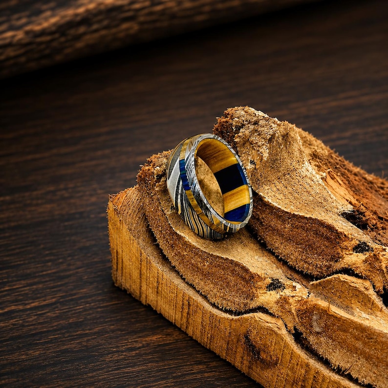 Handcrafted Damascus Steel Ring – Blue Wood Inlay Wedding Band for Men ...