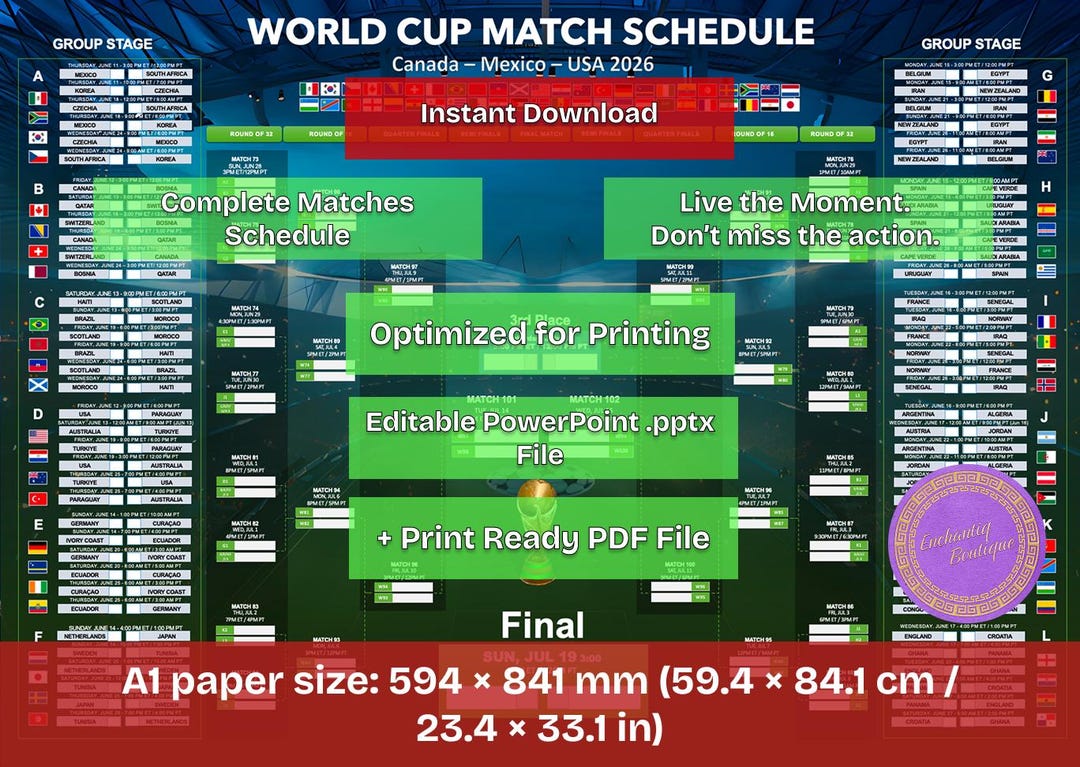 Calendario del Mundial 2026, póster editable en formato PPTX y PDF (A1 ...