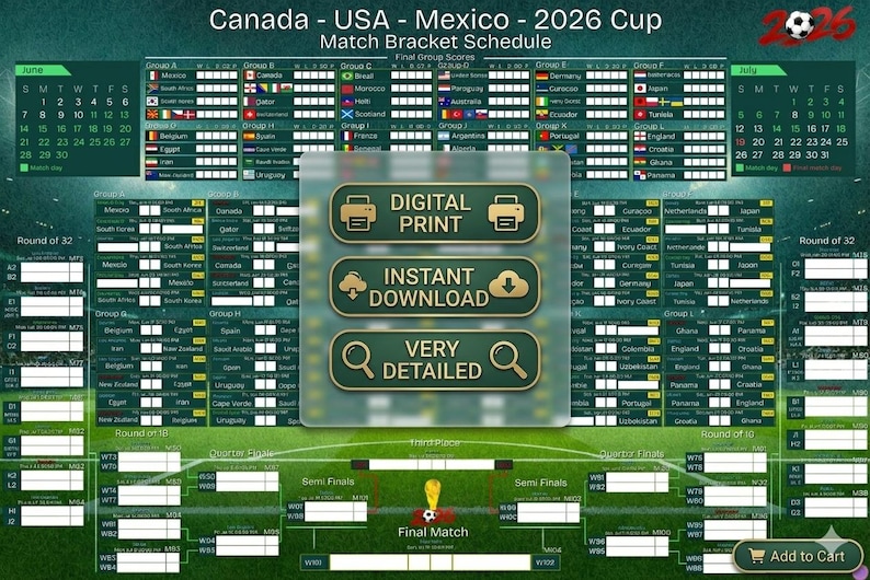 World Cup 2026 Bracket Poster Digital Print Mondial Match Schedule ...