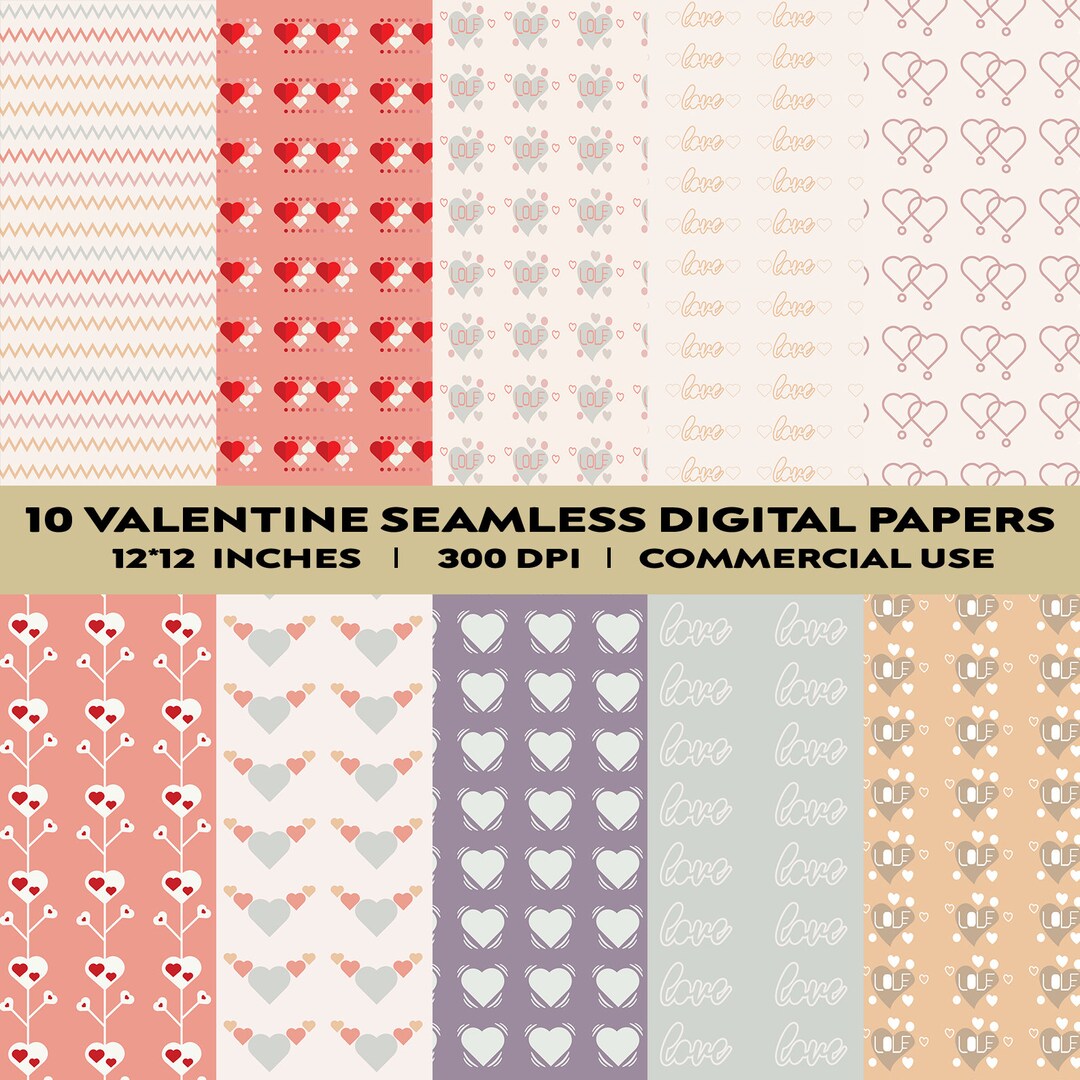 10 Valentine Digital Paper, Valentine Hearts Seamless Digital Papers ...