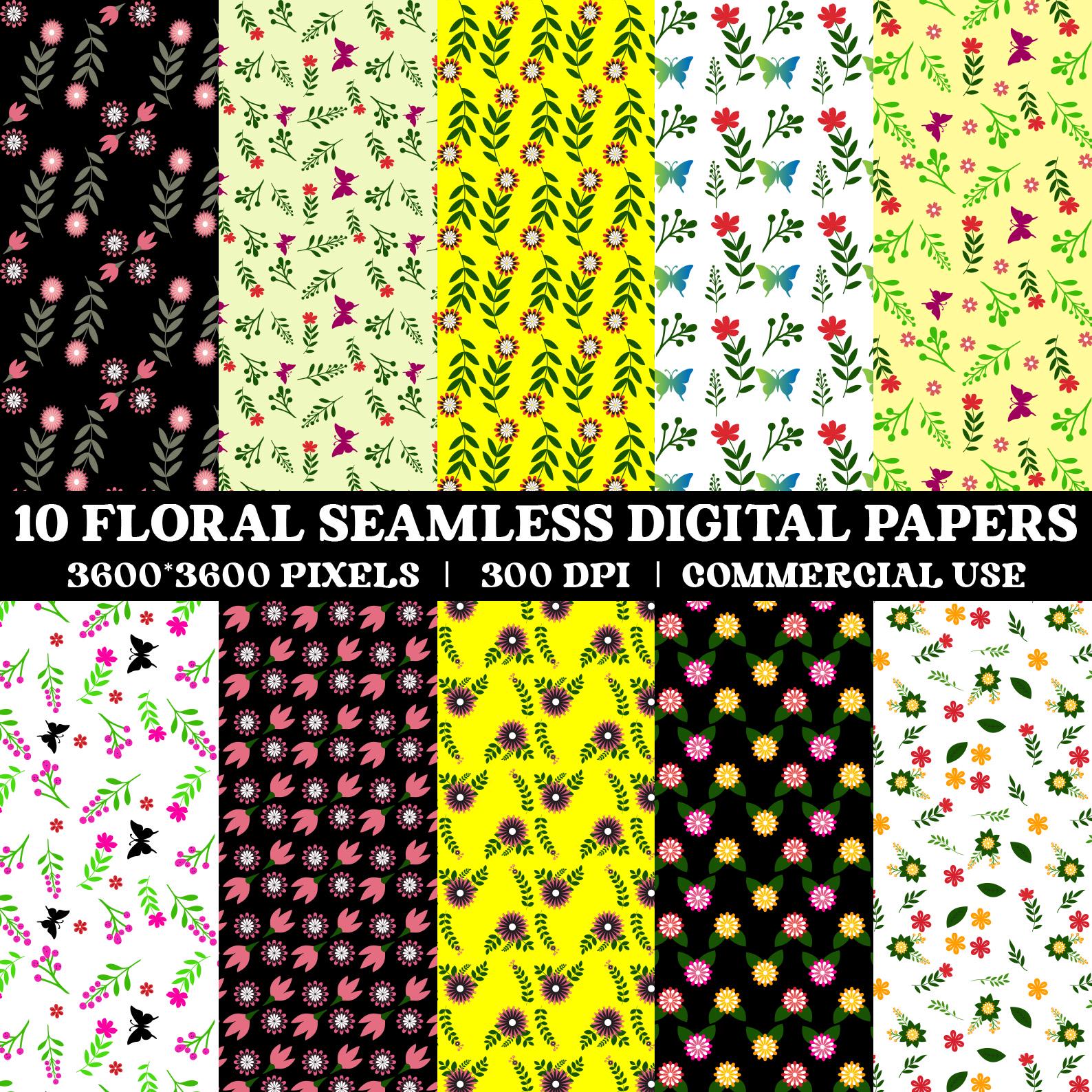 10 Floral Digital Paper, Floral Seamless Digital Papers, Scrapbook ...