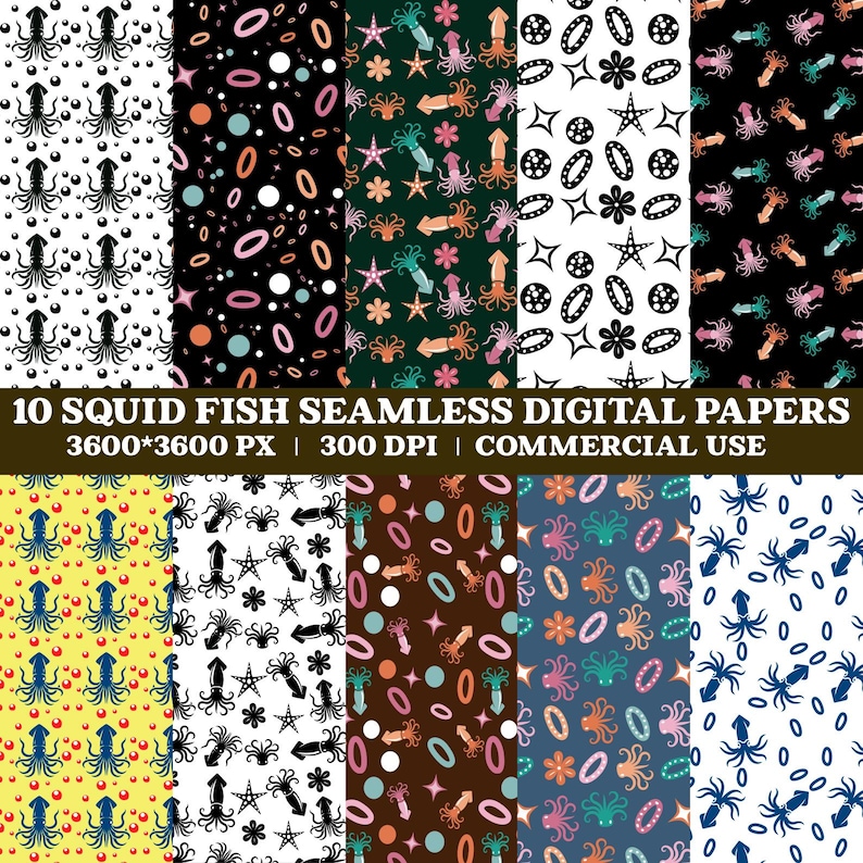 10 Squid Fish Digital Paper, Squid Fish Seamless Digital Papers ...
