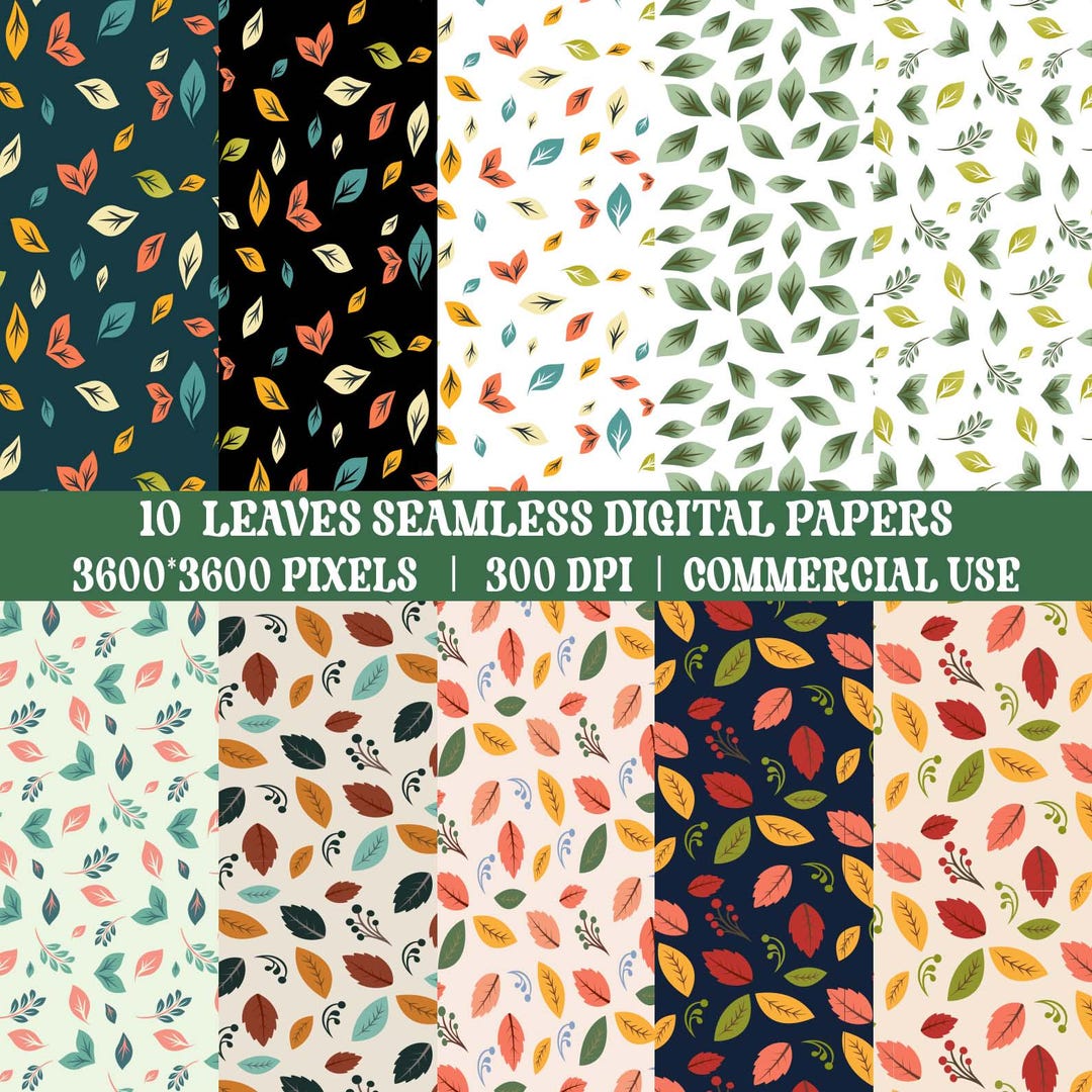 10 Leaves Digital Paper, Leaves Seamless Digital Papers, Scrapbook ...