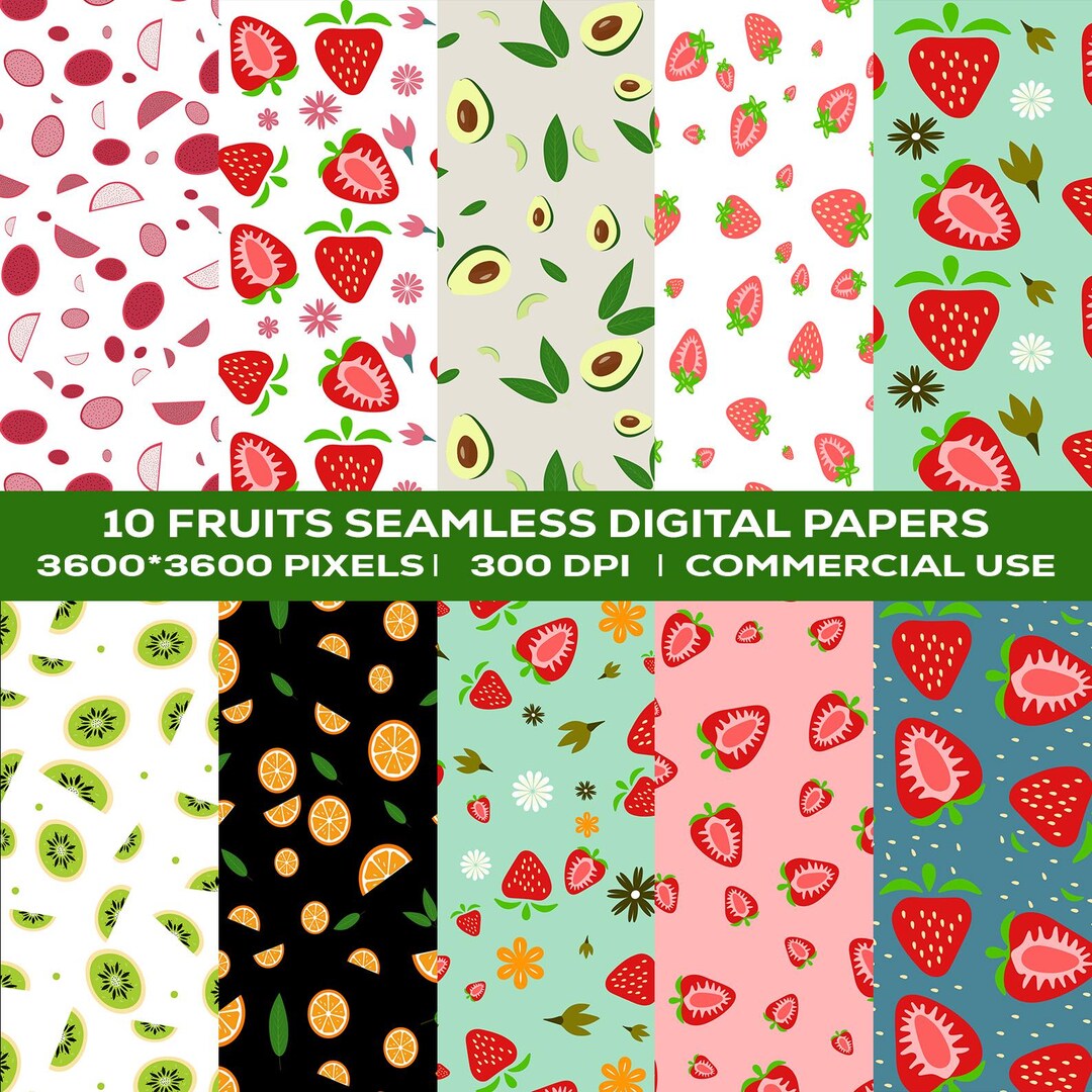 10 Fruits Digital Paper, Fruits Seamless Digital Papers, Scrapbook ...