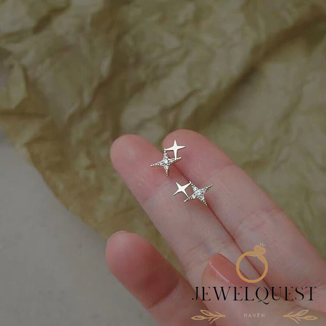 Gold Romantic Cute Four-pointed Star Stud Earrings, Small Cute Ear ...