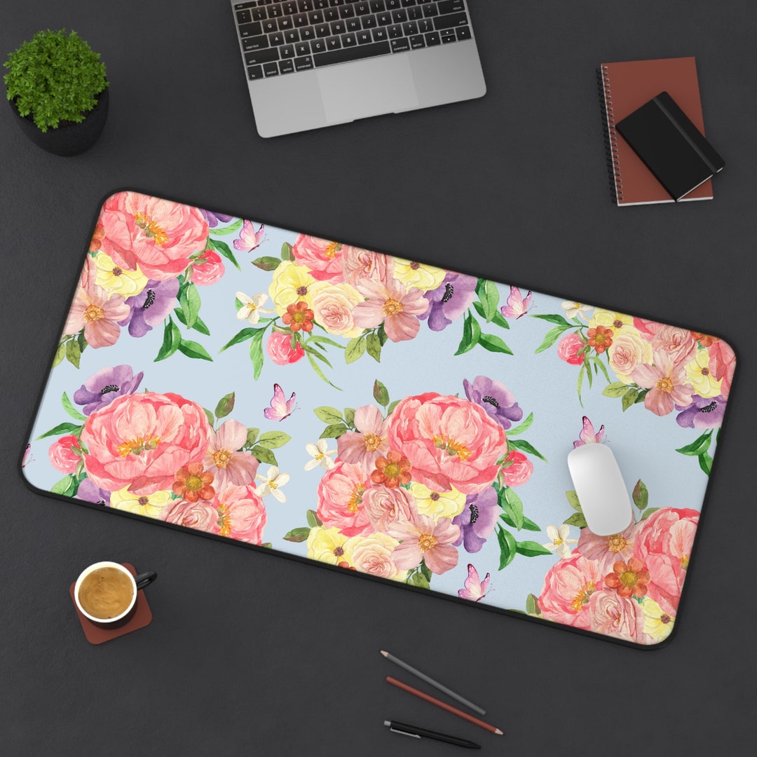 Floral Desk Mat, Bloom Desk Mat, Flower Bloom Mouse Pad, Cute Butterfly ...