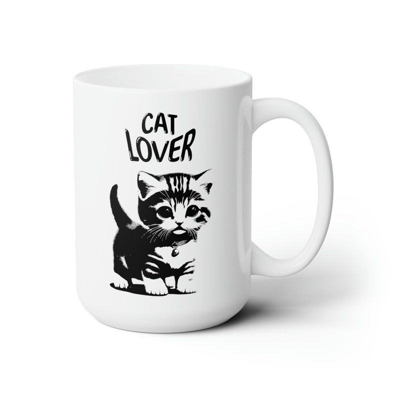 Cat Lover Mug. Large White Ceramic Mug 15oz Black on White Kitten Mug ...