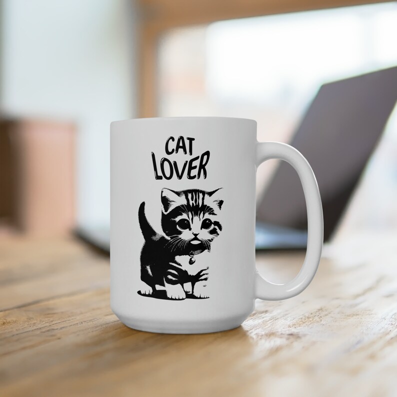 Cat Lover Mug. Large White Ceramic Mug 15oz Black on White Kitten Mug ...