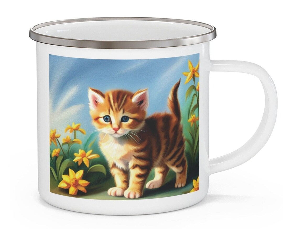 Kitten Daisy Flower Enamel Camping Mug. 12 Oz Stainless Steel Coffee ...