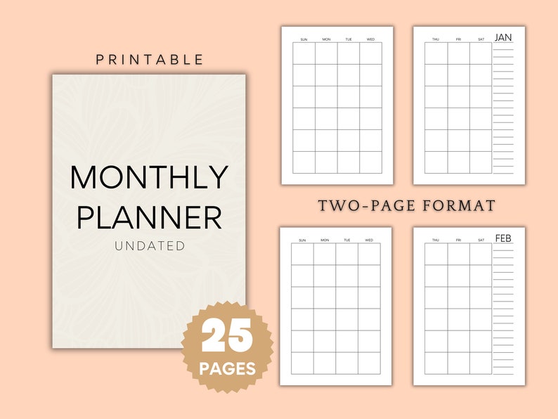 Undated Monthly Planner Bundle Printable Two-page Spread per Month, Pre ...
