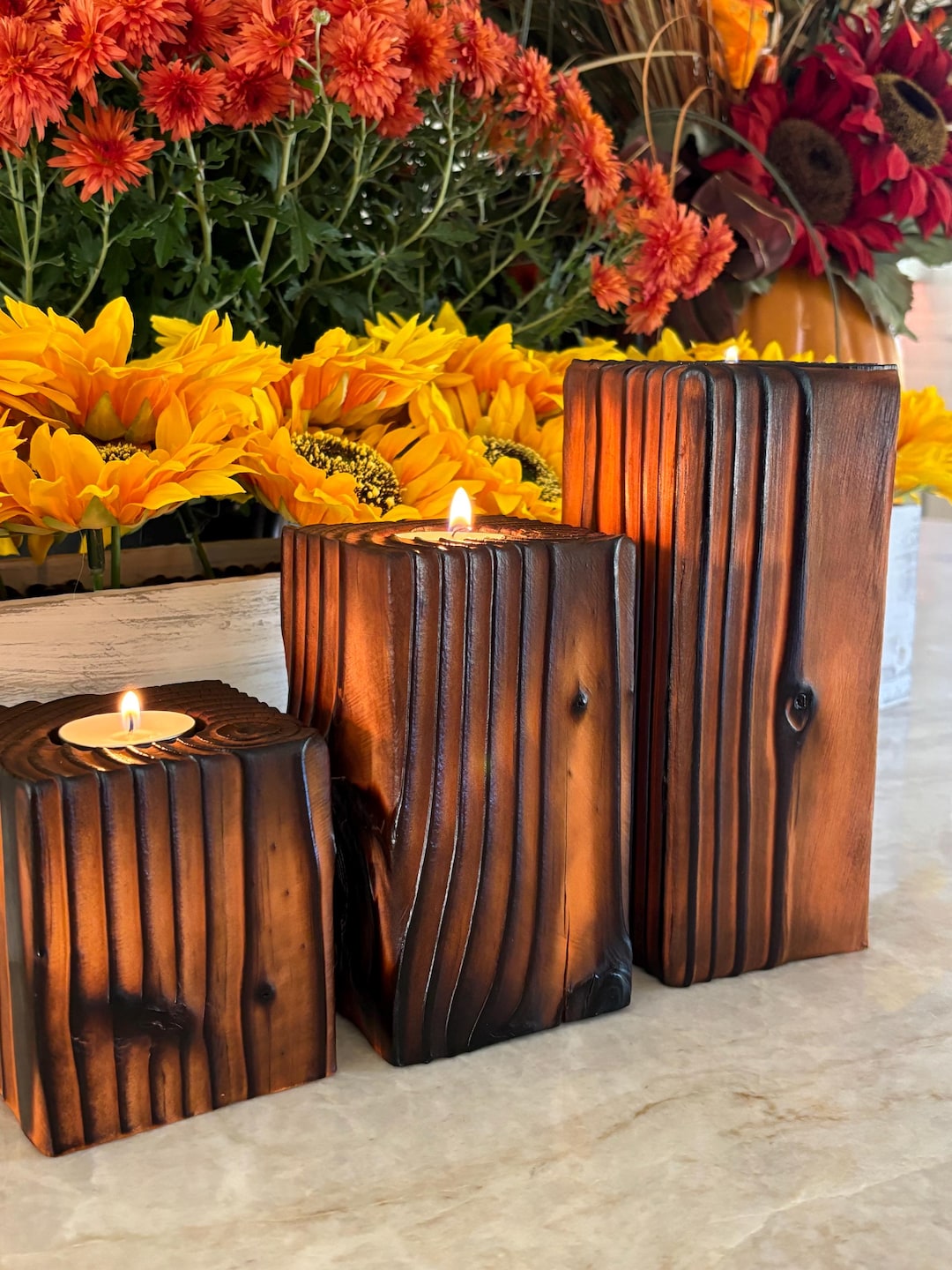Shou Sugi Ban Wooden Candle Holders | Burnt Wood Tea Light Set ...