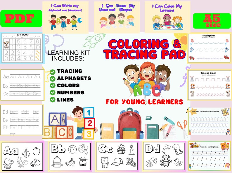 60 Printable Alphabet/numbers Tracing and Coloring Activity Pages Pads ...