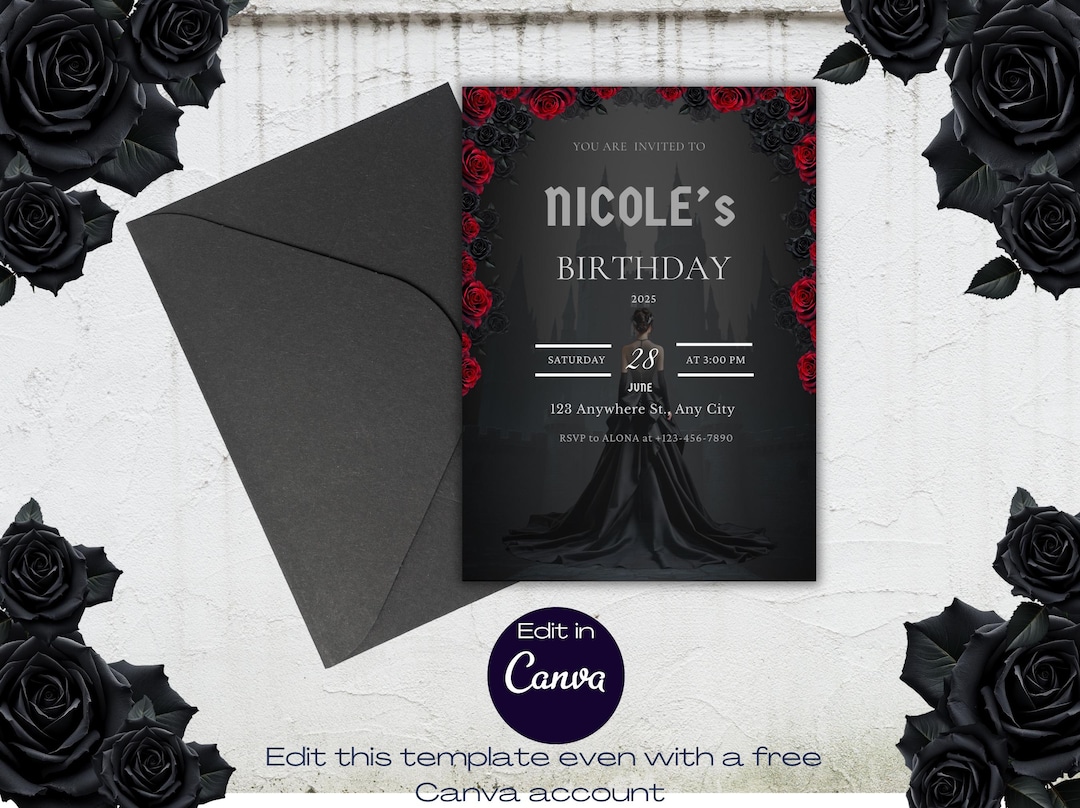 Editable Gothic Birthday Invitation Card Template Black and Red Rose ...