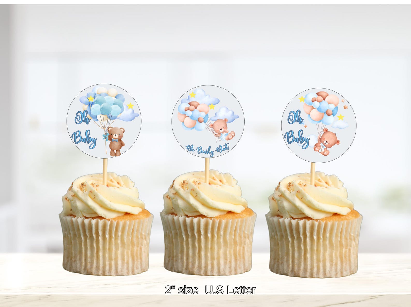 Bear Themed Printable Cupcake Topper, We Bearly Wait Baby Boy Toppers ...