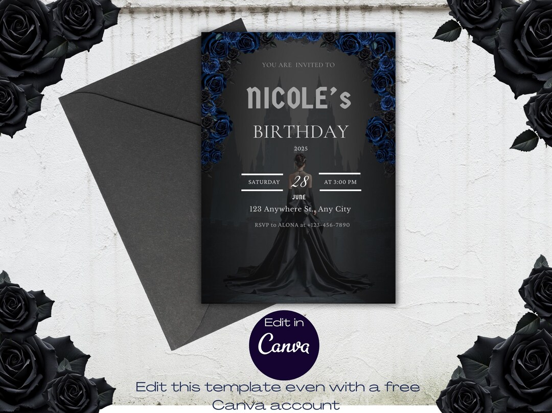 Editable Gothic Birthday Invitation Card Template Black and Navy Blue ...