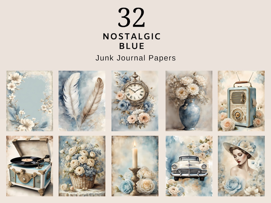 Nostalgic Junk Journal Papers, Powder Blue and Ivory, Vintage Style ...