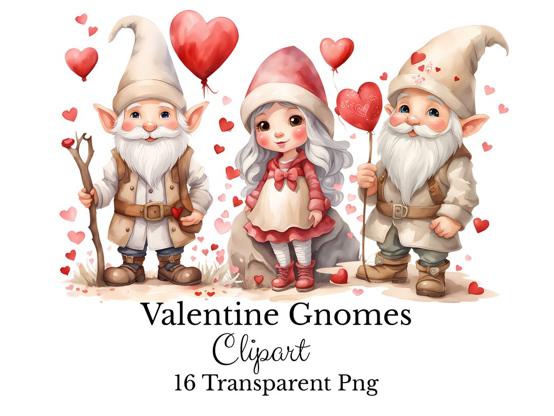Valentines Day Gnomes Clipart, Watercolor, 16 Transparent PNG, Romantic ...