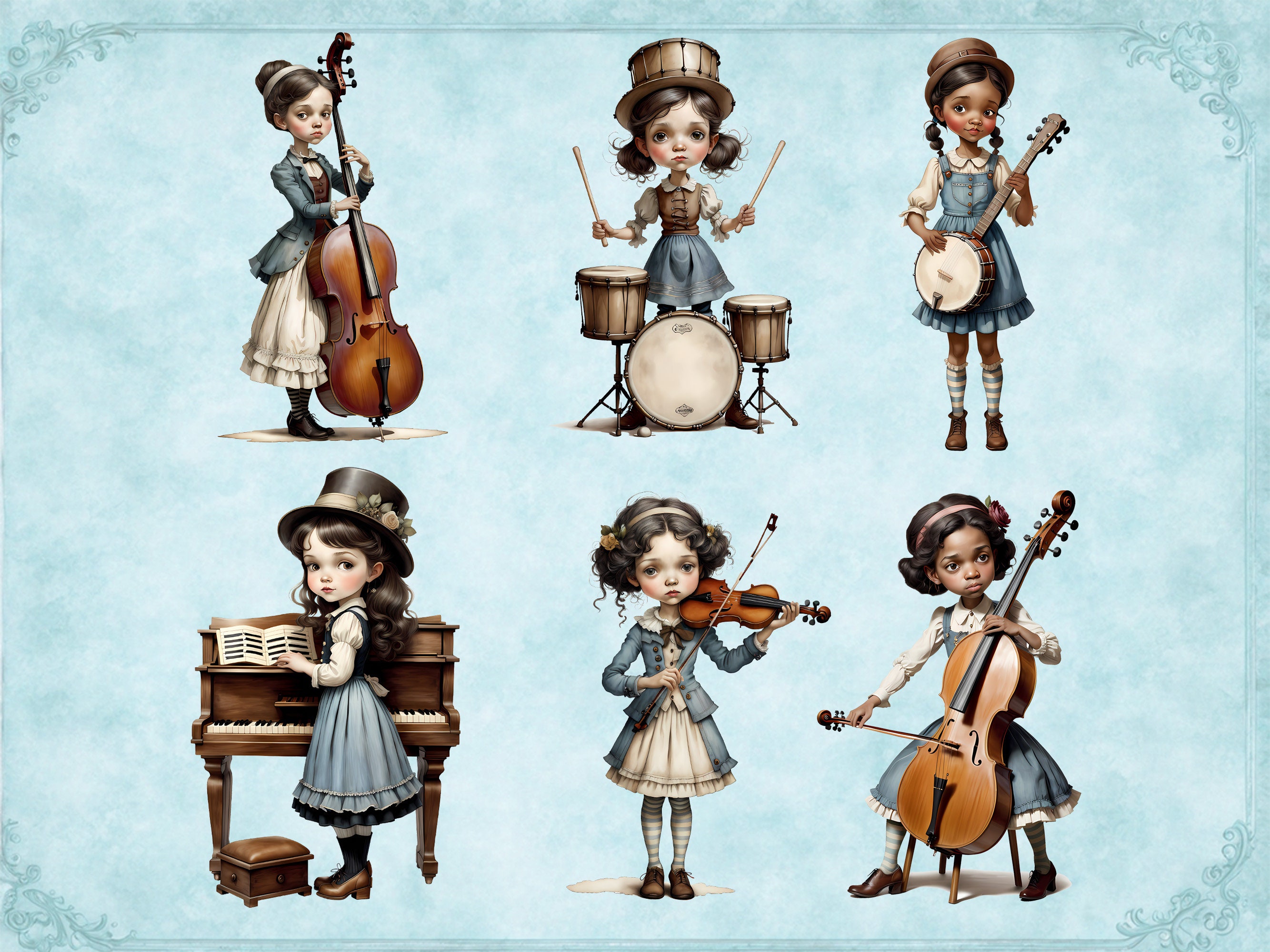 Victorian Girls Playing Musical Instruments, Watercolor Clipart, Music ...