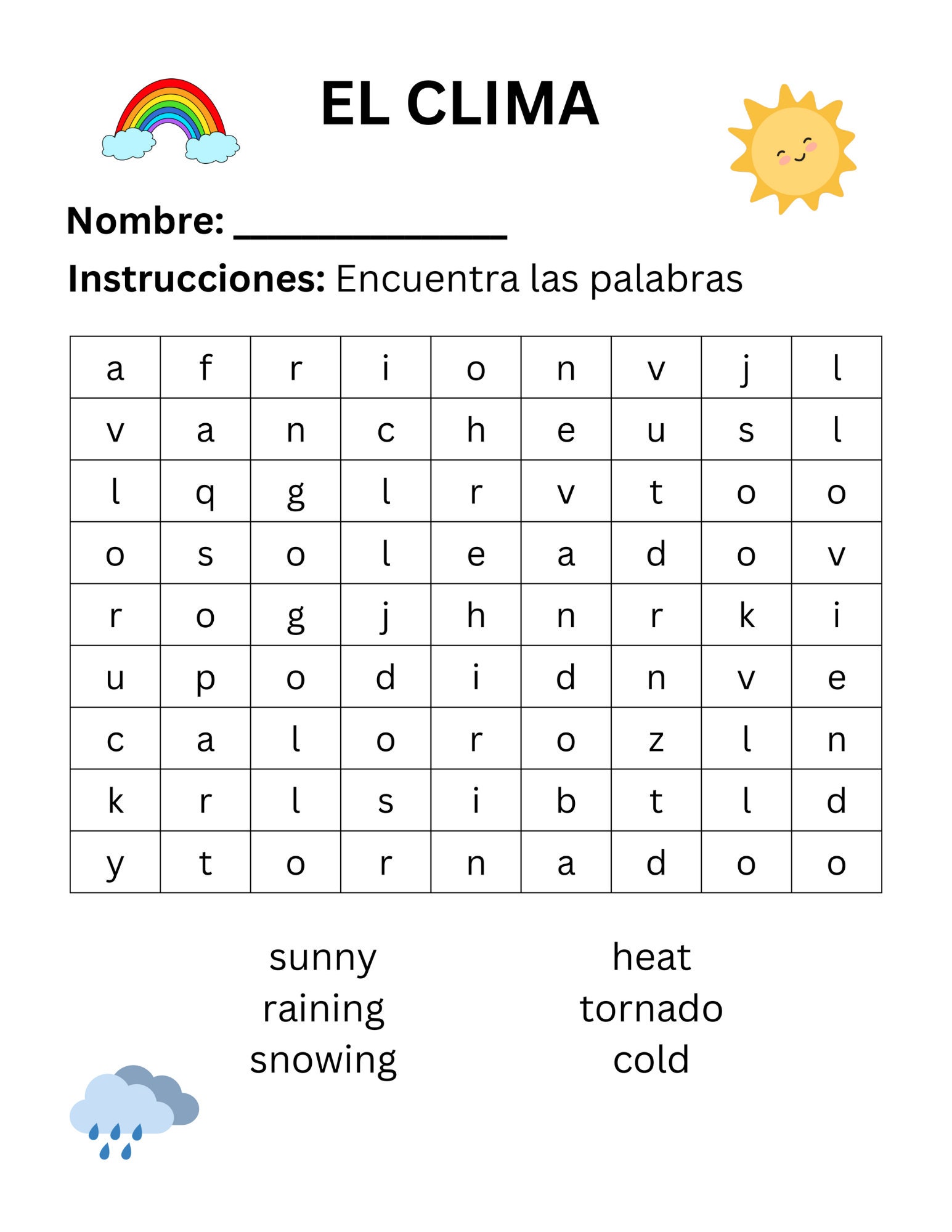 Word Search Weather Vocabulary in Spanish -sopa De Letras - EL CLIMA ...
