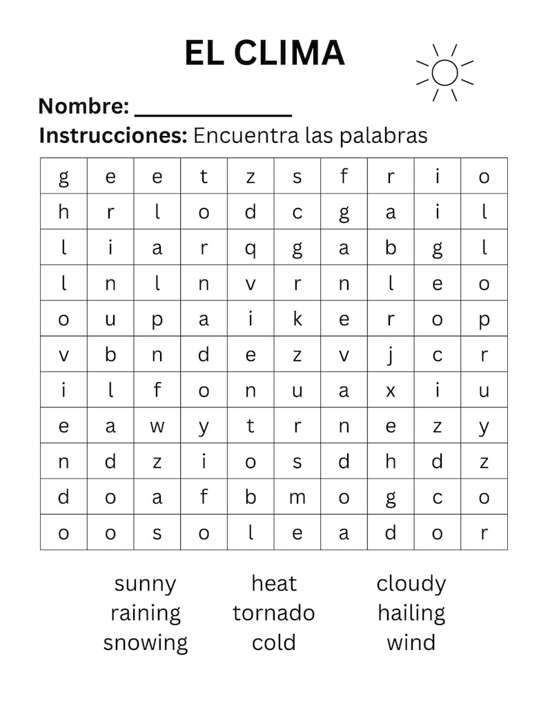 Word Search Weather Vocabulary in Spanish sopa De Letras EL CLIMA. - Etsy